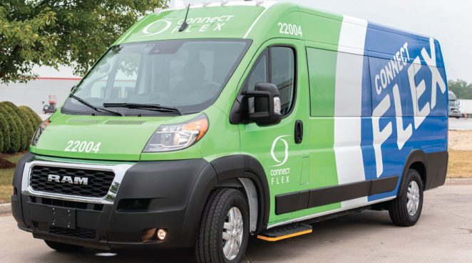 green, white, and blue transit van
