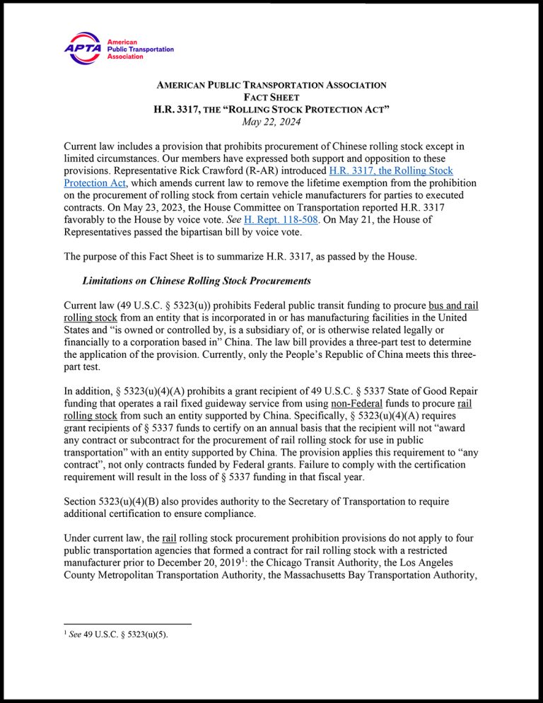 House Passes Rolling Stock Protection Act | Passenger Transport