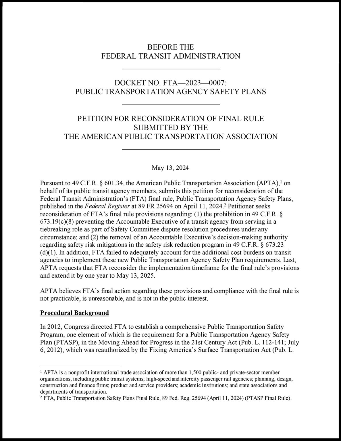 APTA Submits Petition to FTA on PTASP Final Rule | Passenger Transport