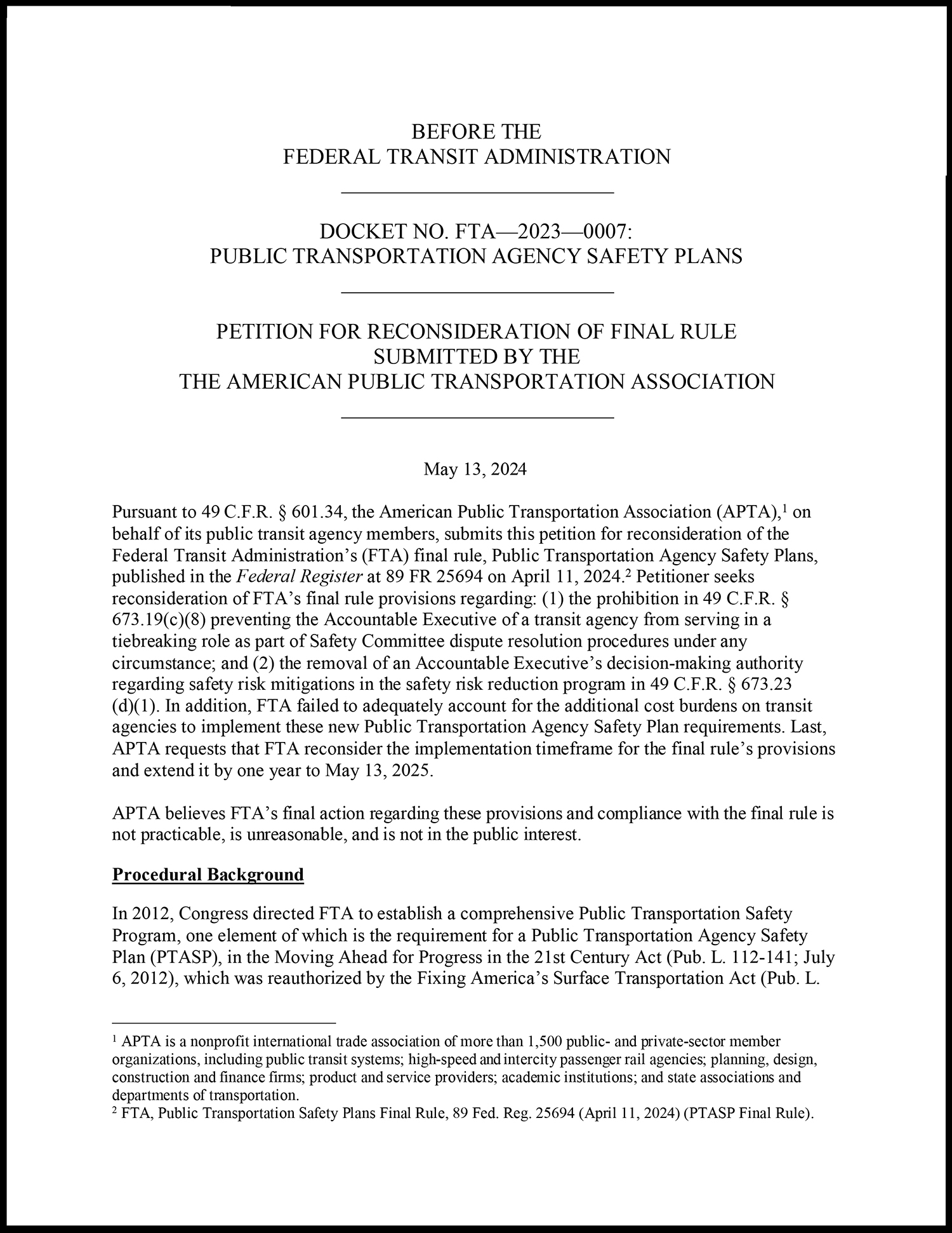 APTA Submits Petition to FTA on PTASP Final Rule | Passenger Transport