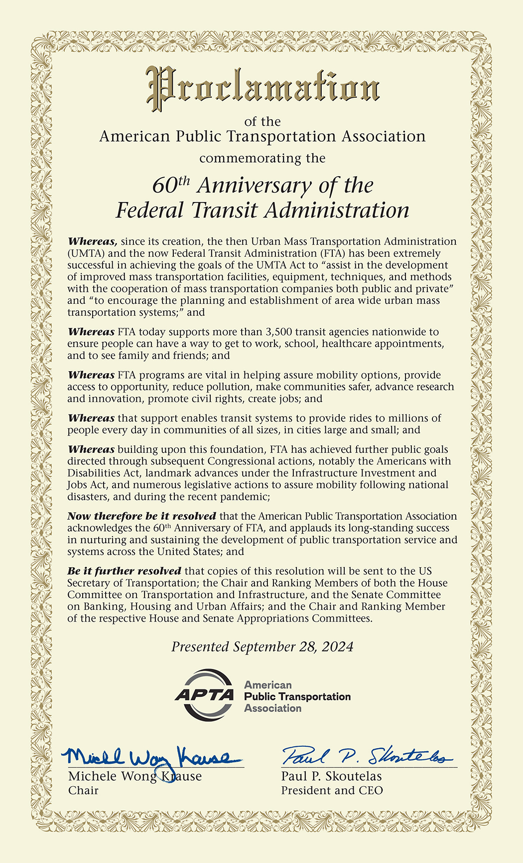 APTA Presents FTA with Proclamation for 60 th Anniversary | Passenger ...