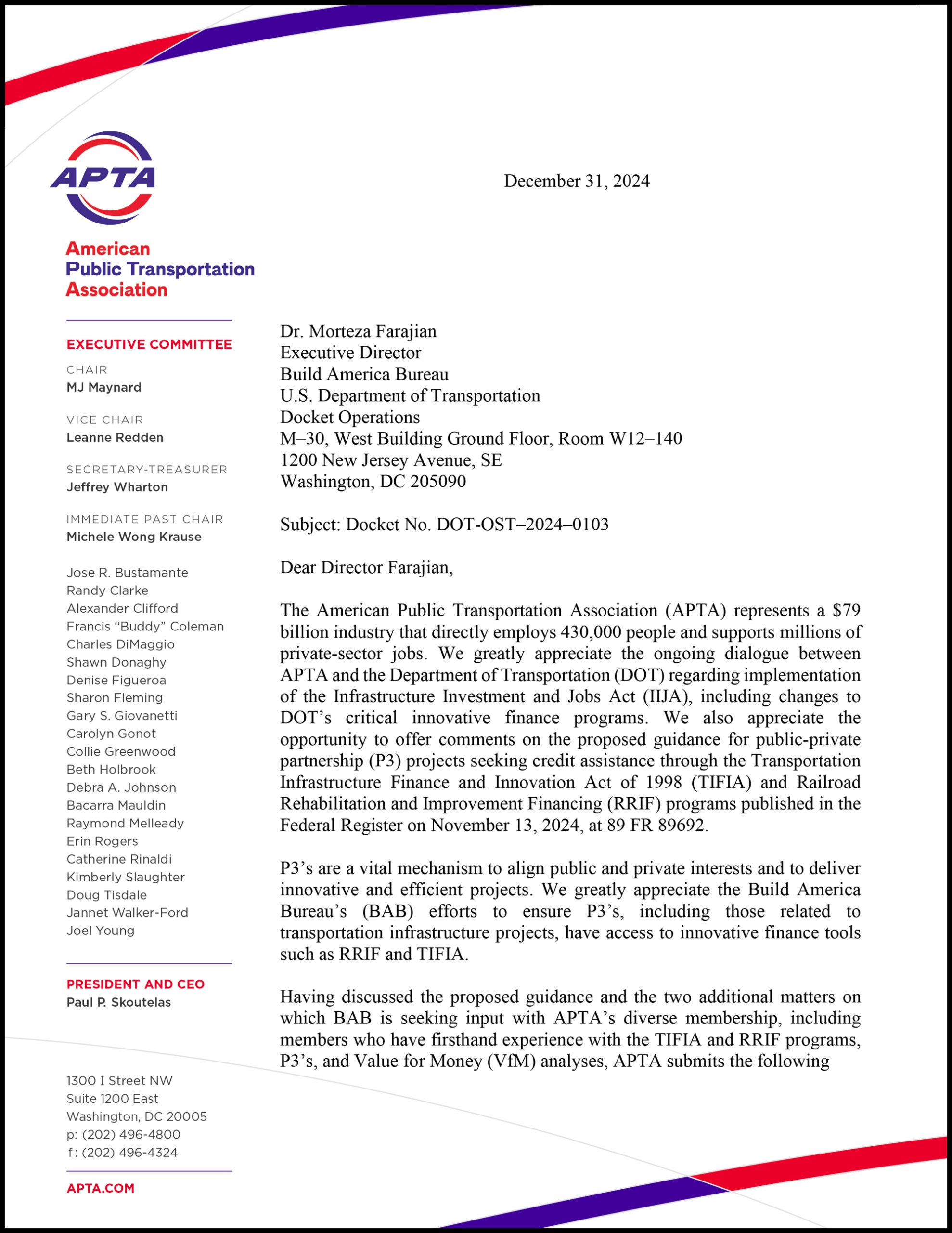 APTA Sends USDOT Comments on Proposed P3 VfM Guidance | Passenger Transport