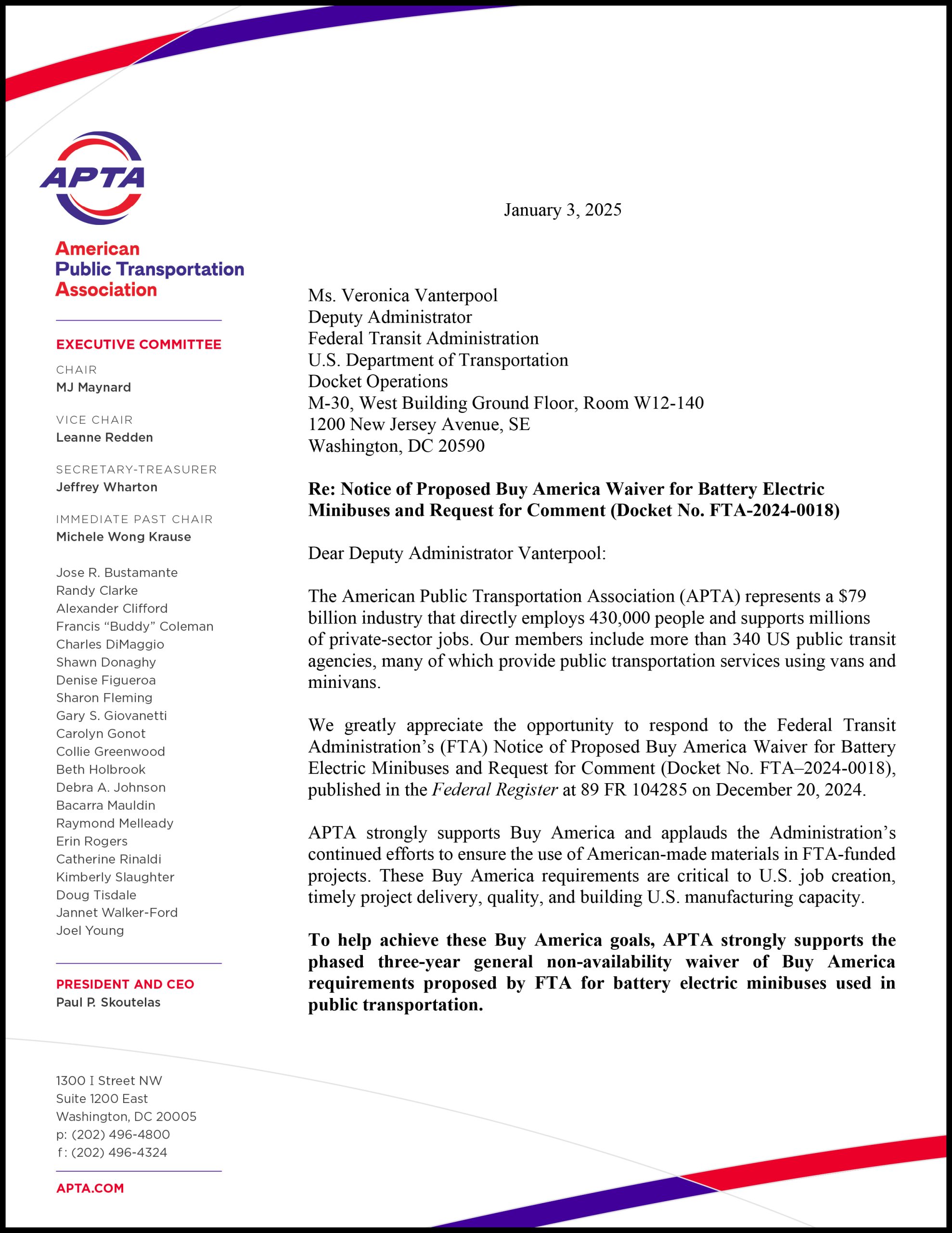 APTA Responds to Proposed Buy America Waiver for Battery-Electric ...