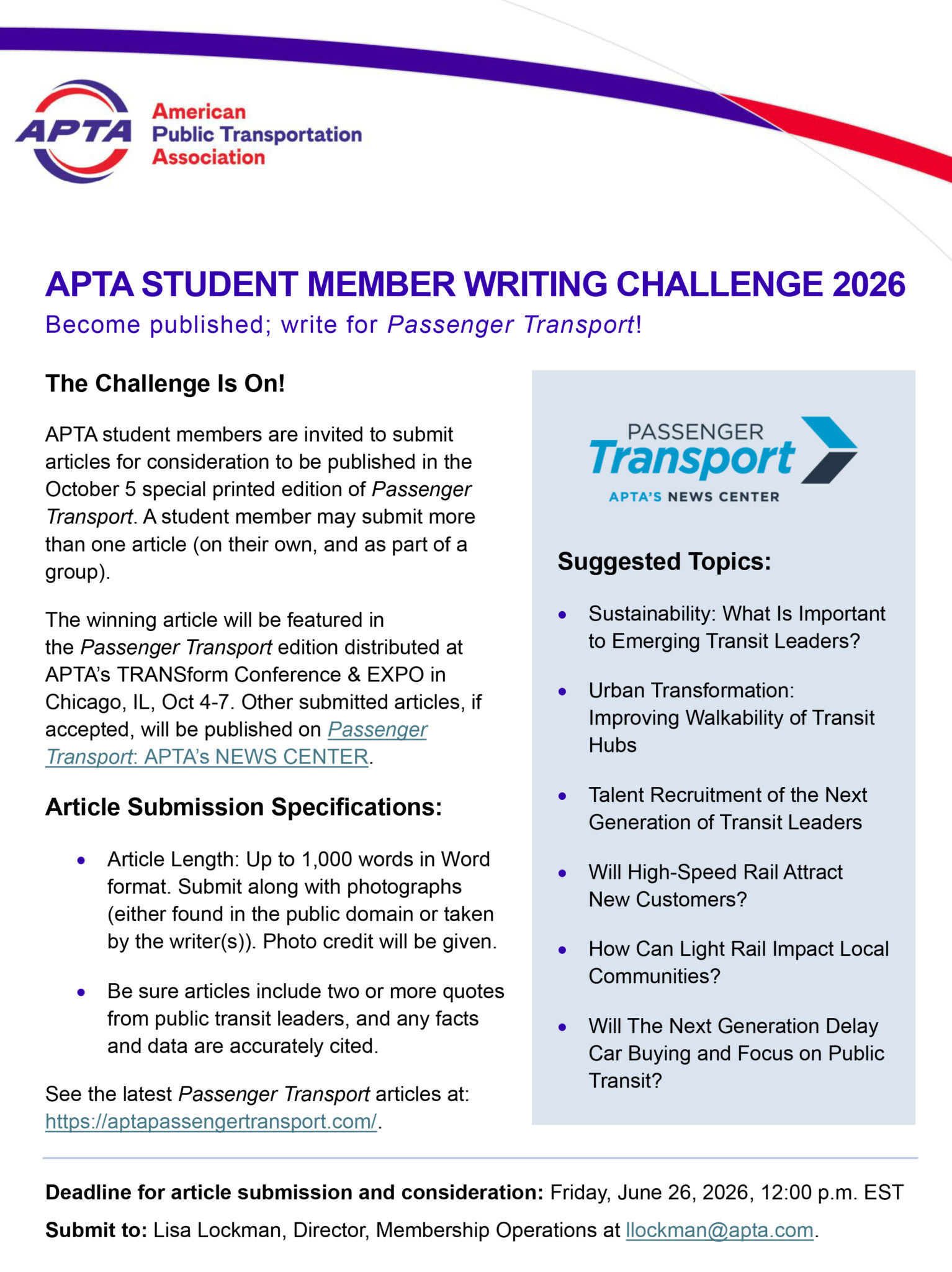 Take Part in APTA Student Member Writing Challenge! | Passenger Transport